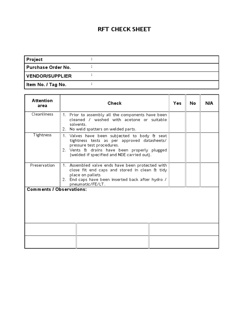 RFT Check Sheet: Project: Purchase Order No.: Vendor/Supplier: Item No ...