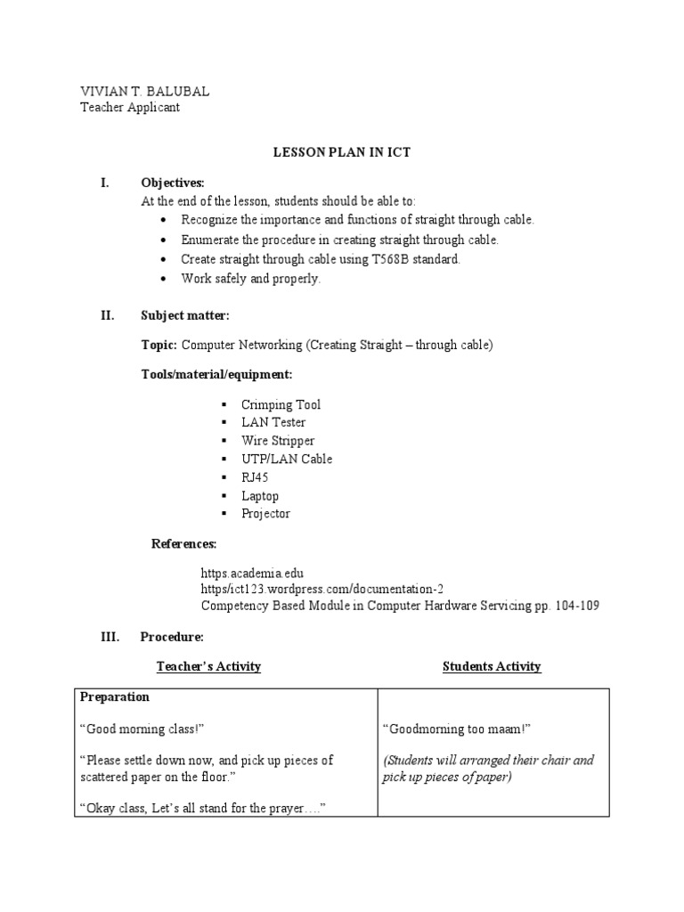 Lesson Plan in Ict I. Objectives:: (Students Will Arranged Their Chair ...