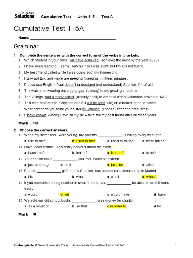 Cumulative Test A 1-5 | PDF | Language Arts & Discipline