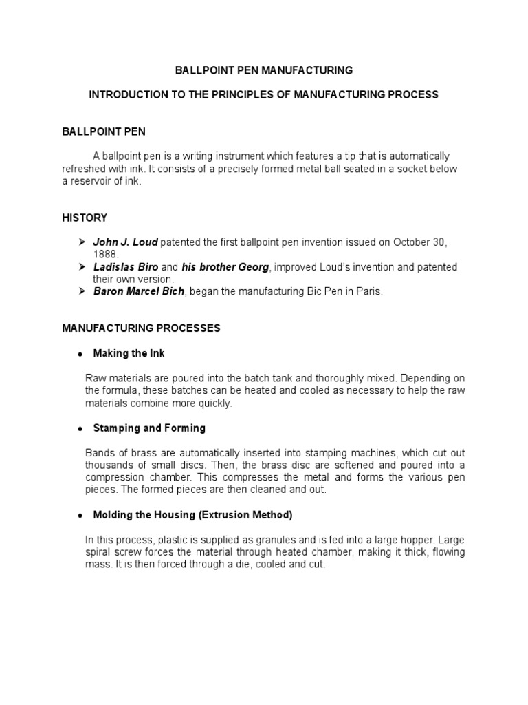 Ballpoint Pen Manufacturing Introduction To The Principles of ...
