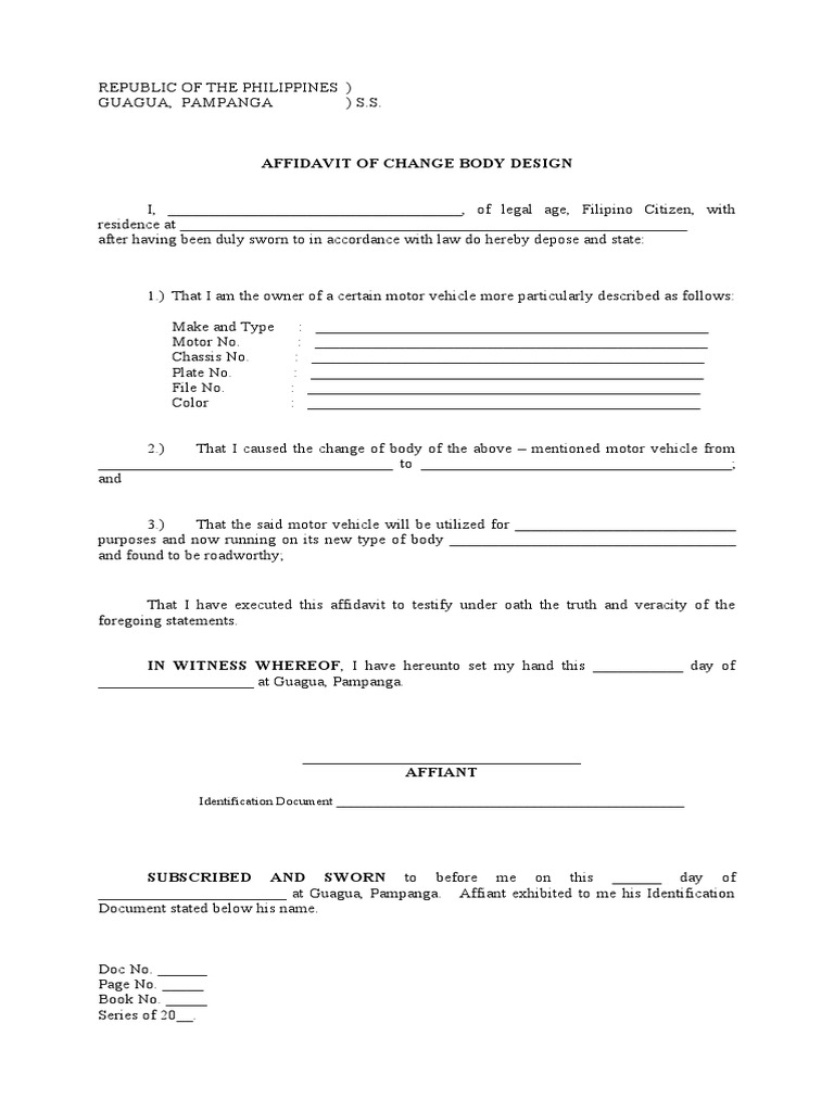 Affidavit of Change of Body Design | PDF
