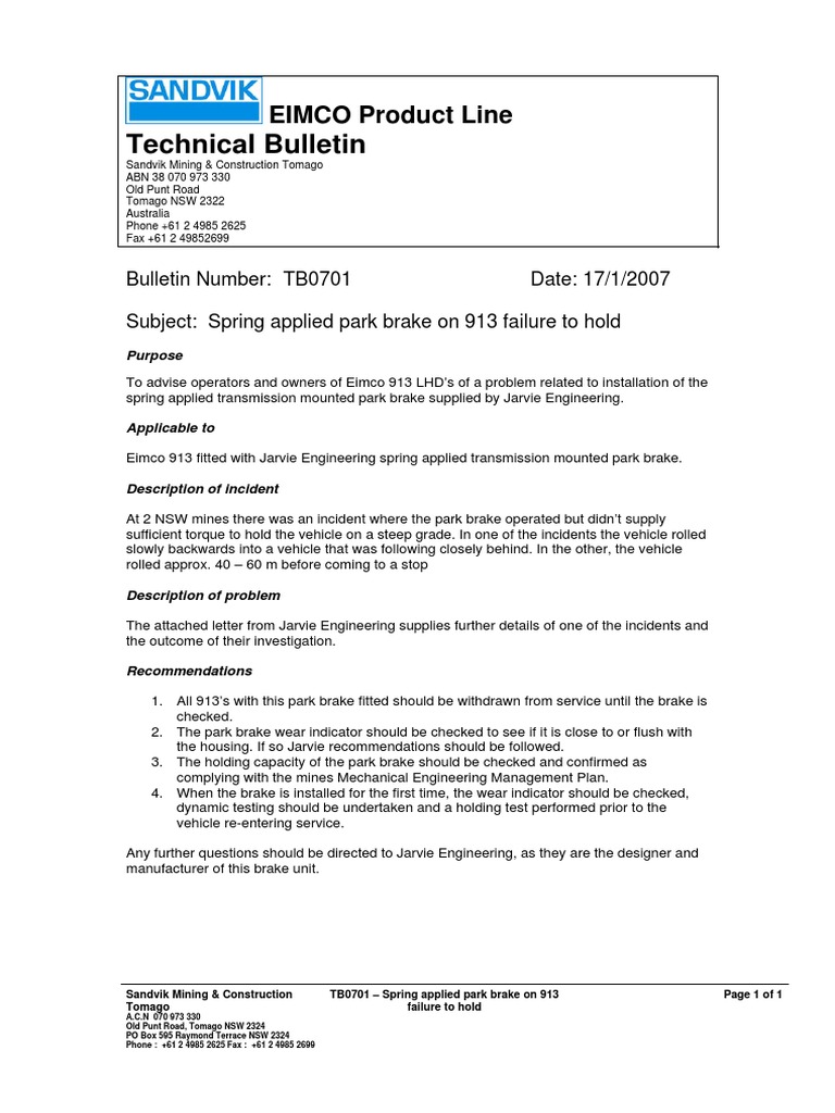 Eimco 913 Park Brake Failure Advisory | PDF | Business | Computers