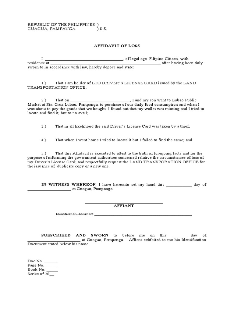 Affidavit of Loss (Driver's License) | PDF