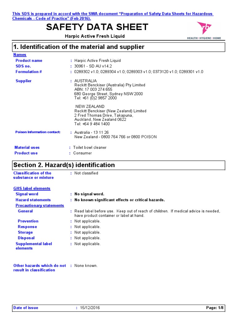 Safety Data Sheet for Harpic Active Fresh Liquid Toilet Bowl Cleaner | PDF | Toxicity ...