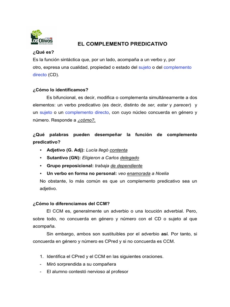 El Complemento Predicativo | PDF | Adverbio | Mecánica del lenguaje