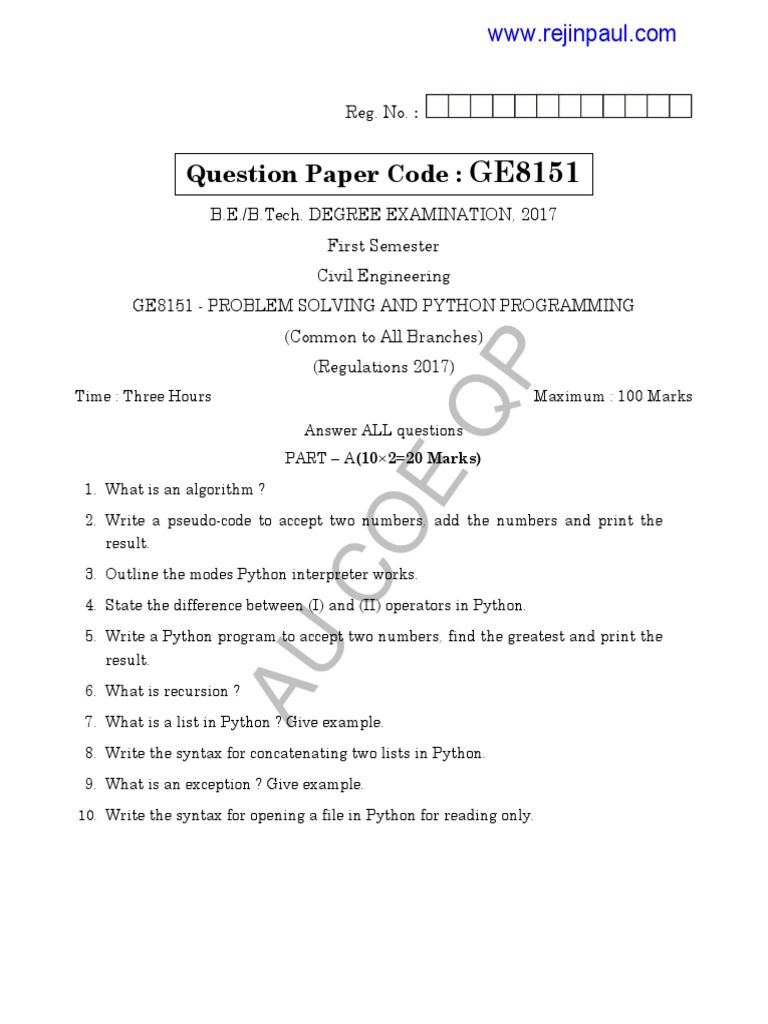 Au Coe QP: Question Paper Code | PDF | Python (Programming Language) | Computer Program