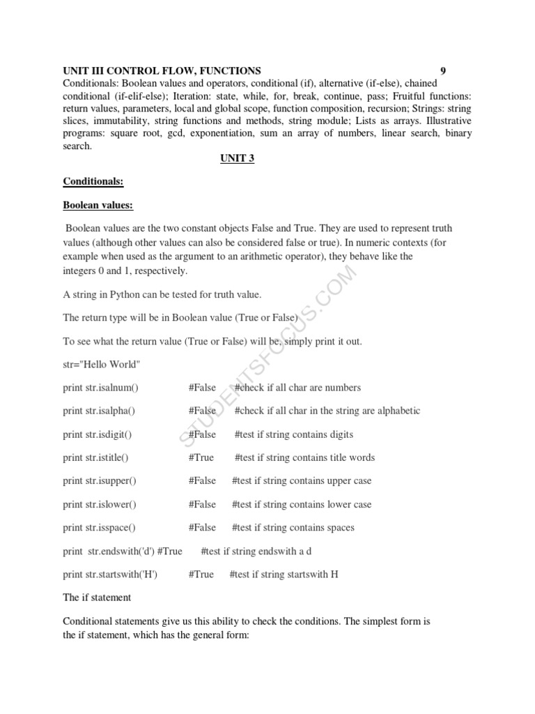 Unit Iii Control Flow Functions 9 Pdf Boolean Data Type String Computer Science
