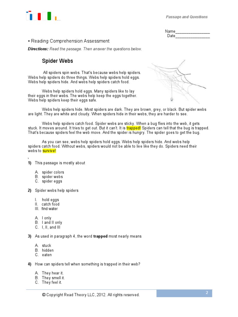 Spider Webs: - Reading Comprehension Assessment | PDF | Spider | Spider Web