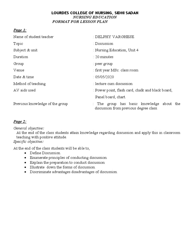 Nursing Education Format For Lesson Plan: Lourdes College of Nursing ...