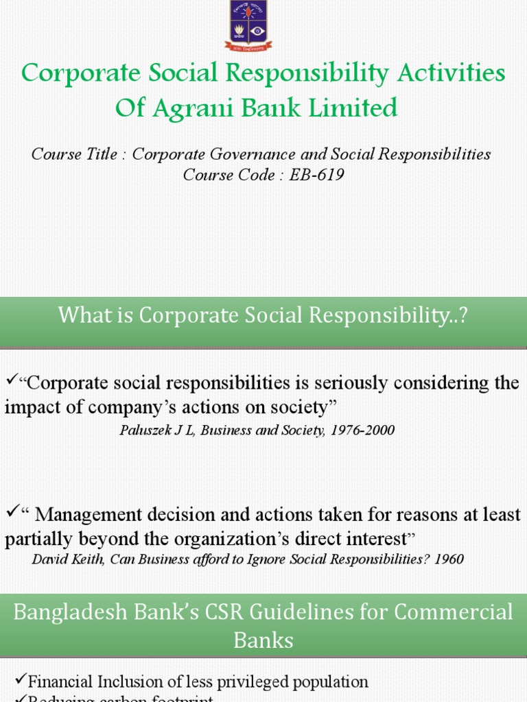 Corporate Social Responsibility Activities of Agrani Bank Limited | PDF ...