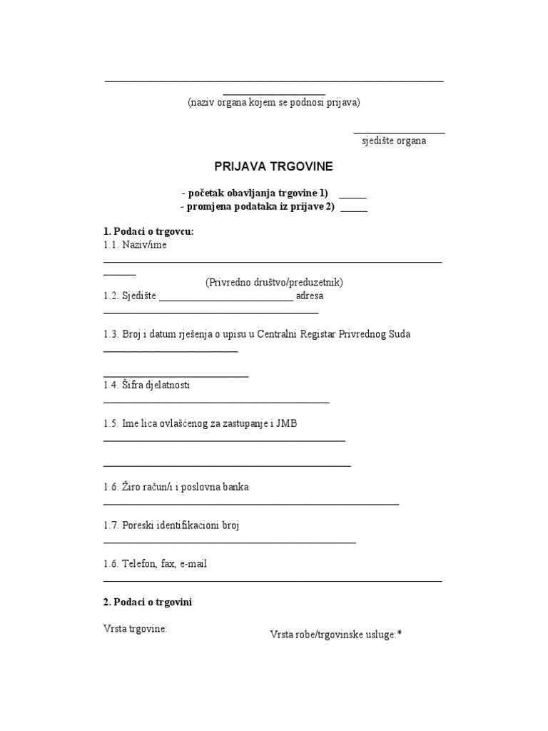 Obrazac Za Prijavu Trgovine | PDF