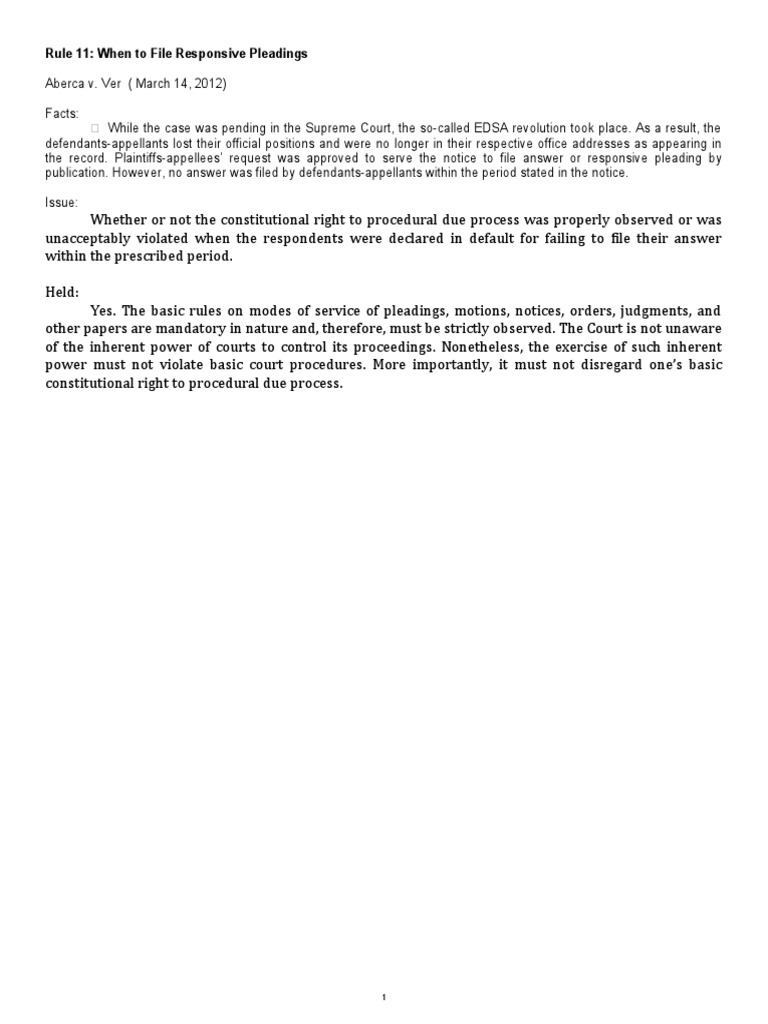 Rule 11: When To File Responsive Pleadings | PDF