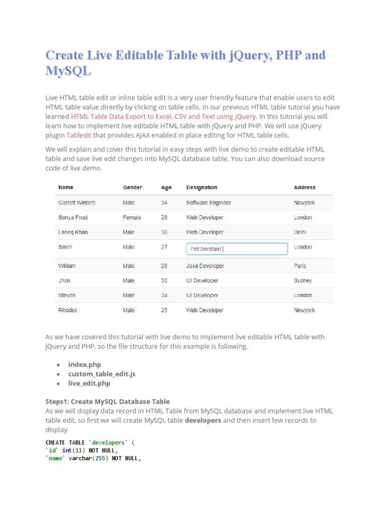 Create Live Editable Table With Jquery | PDF | J Query | Php