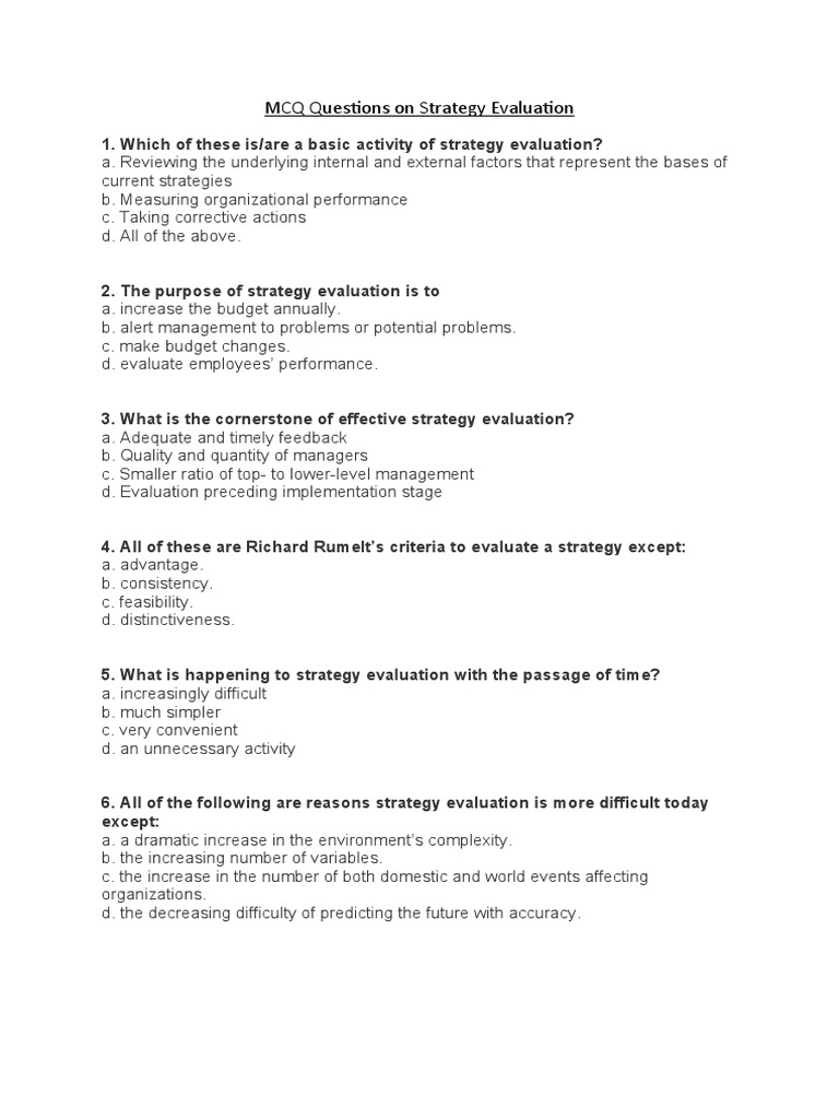 MCQ Questions On Strategy Evaluation | PDF | Audit | Internal Audit