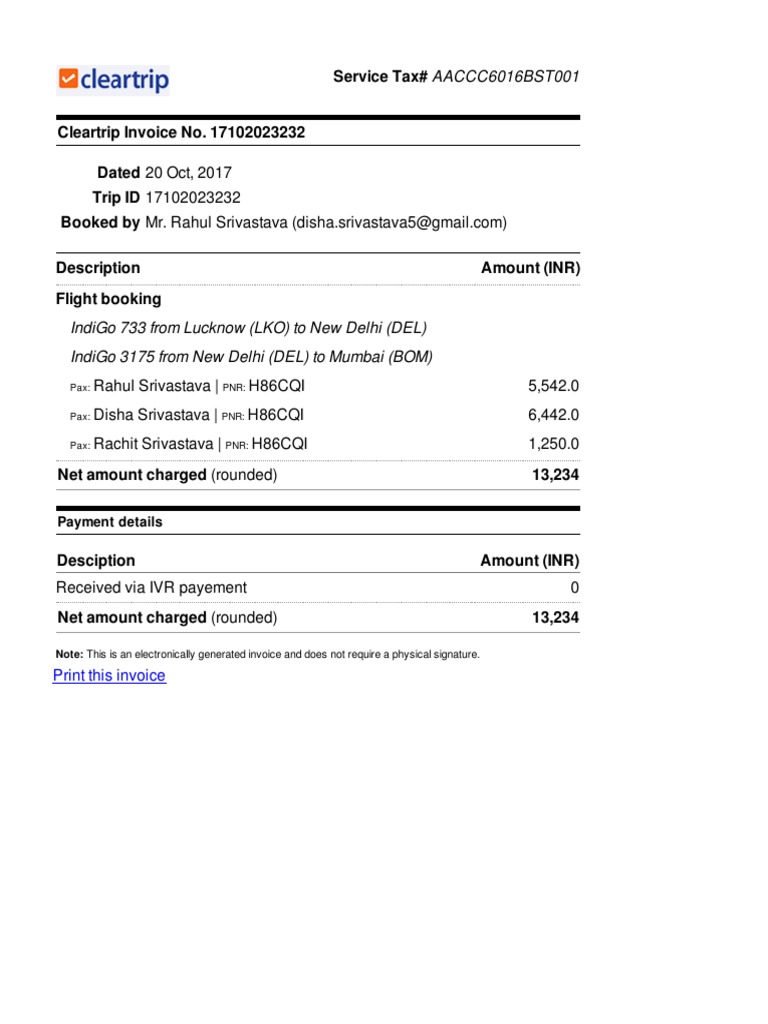Cleartrip Flight Invoice | PDF
