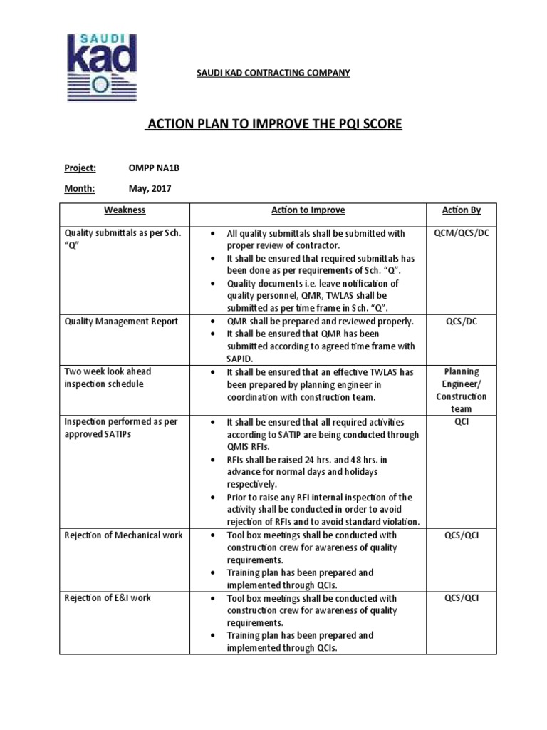Action Plan To Improve PQI | PDF | Business