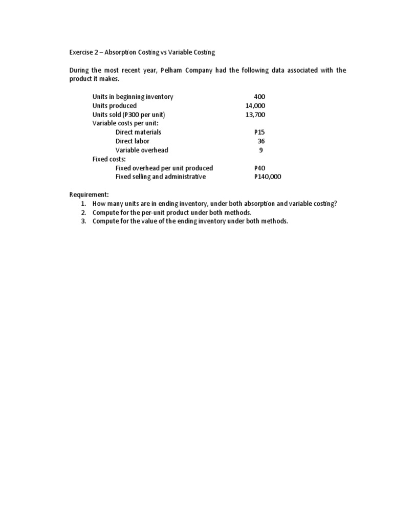 Exercise 2 Absorption Vs Variable Costing | PDF