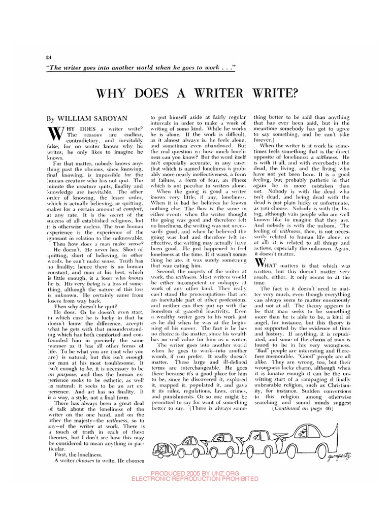 Why Does A Writer Write?: by William Saroyan | PDF | Writers ...