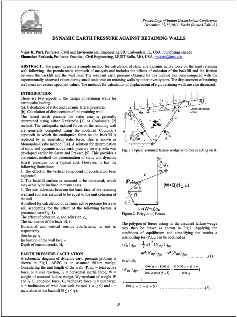 Dynamic Earth Pressure Against Retaining Walls: Prakash@mst - Edu | PDF ...