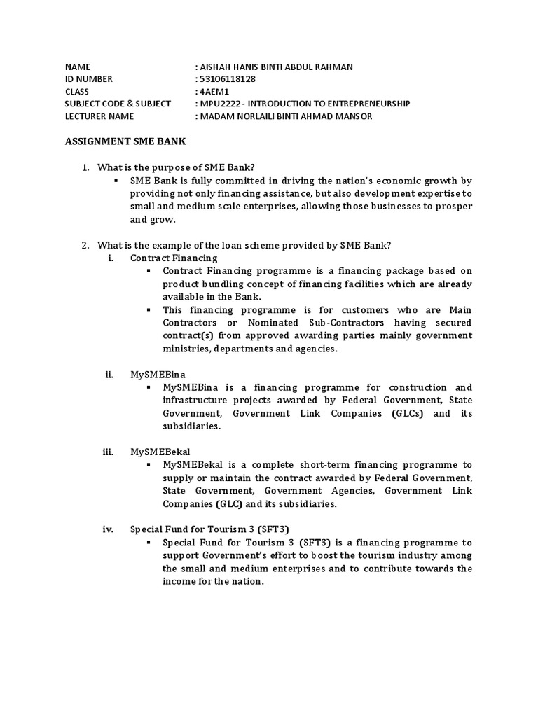Assignment SME | PDF | Banks | Entrepreneurship