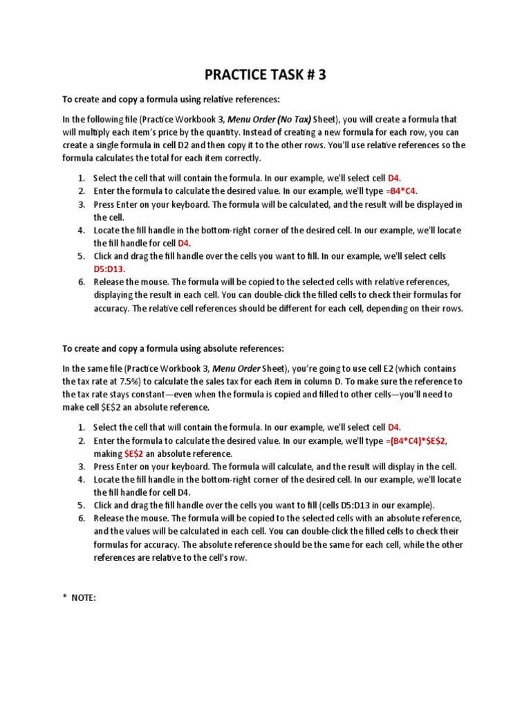 Practice Task # 3: To Create and Copy A Formula Using Relative References | PDF | Worksheet ...