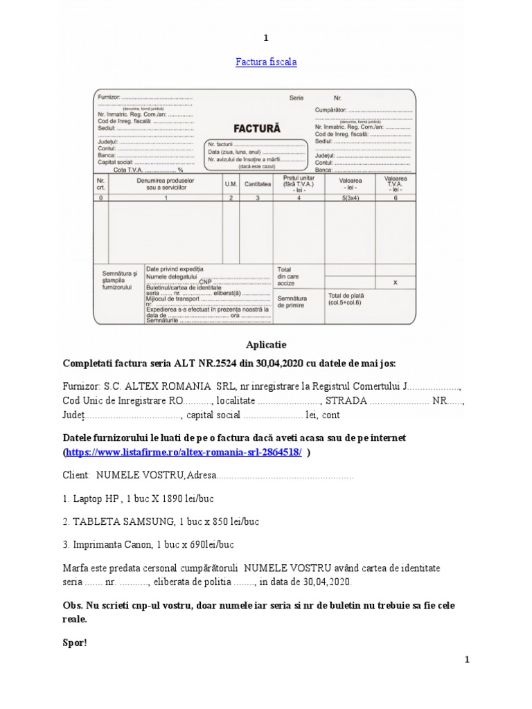 Factura Fiscala FISA DE LUCRU 01.05.2020 | PDF