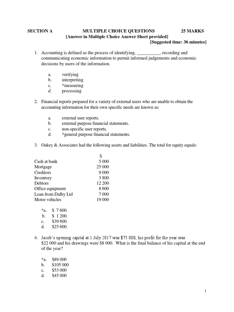Section A Multiple Choice Questions 25 Marks (Answer in Multiple Choice ...