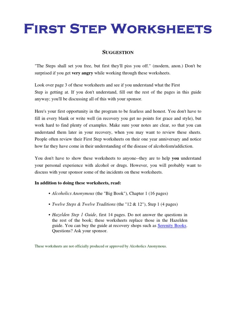 1 ST Step Worksheet | PDF | Alcoholics Anonymous | Alcoholism