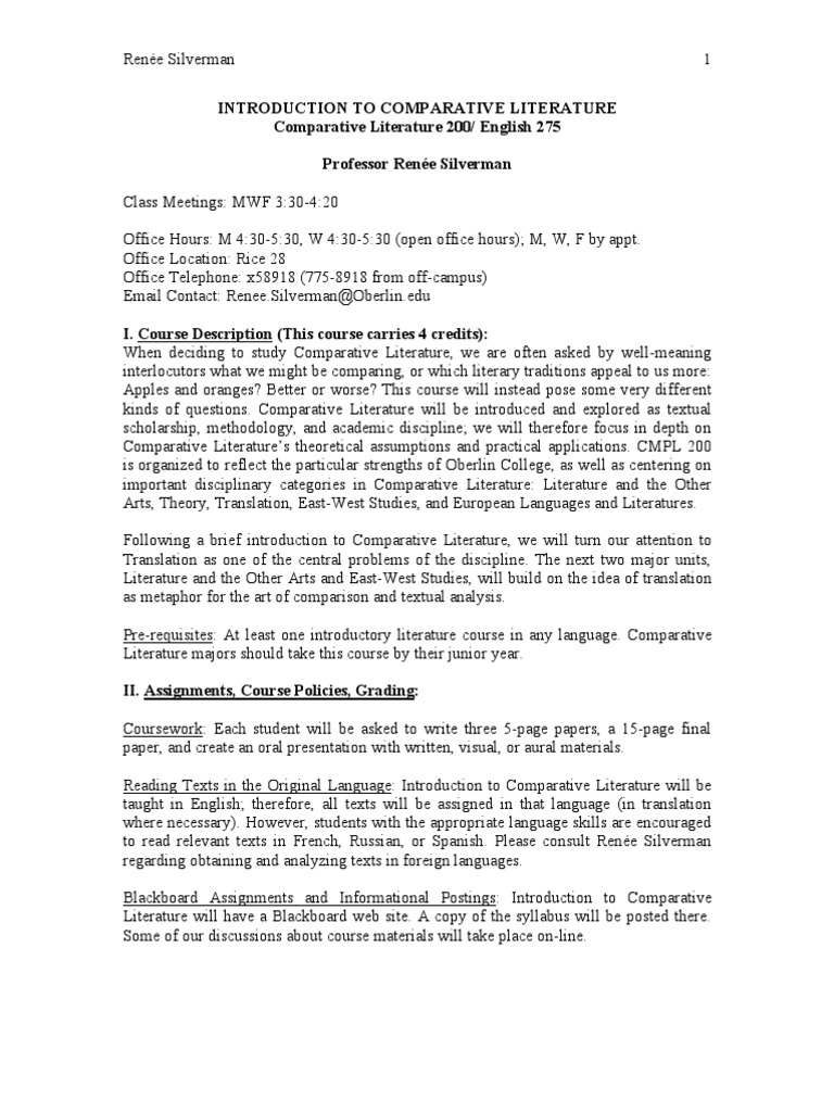 Introduction to Comparative Literature Syllabus | PDF | Translations ...