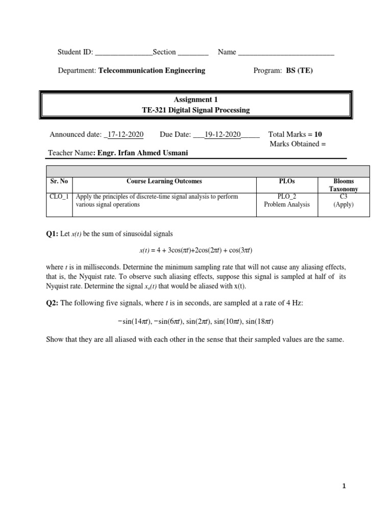 Assignment 1 TE-321 Digital Signal Processing: Sr. No Course Learning ...