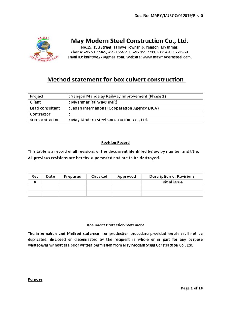 Method statement for box culvert construction | PDF | Concrete ...