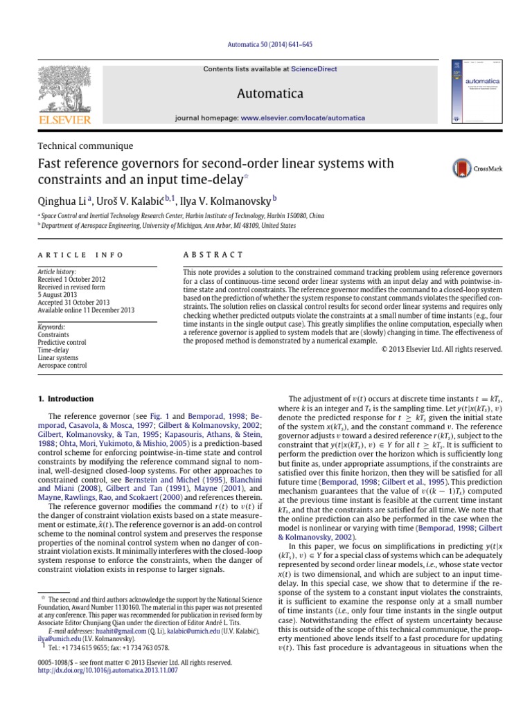 Fast Reference Governors For Second-Order Linear Systems With Constraints and An Input Time ...
