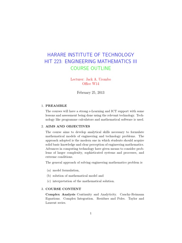 Harare Institute of Technology Hit 223: Engineering Mathematics Iii ...