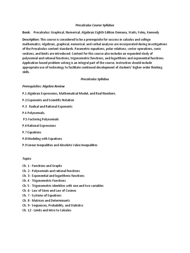 Precalculus Course Syllabus Overview | PDF