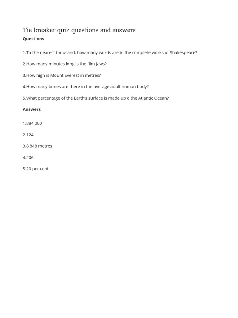 Tie Breaker Quiz Questions and Answers | PDF | Science & Mathematics