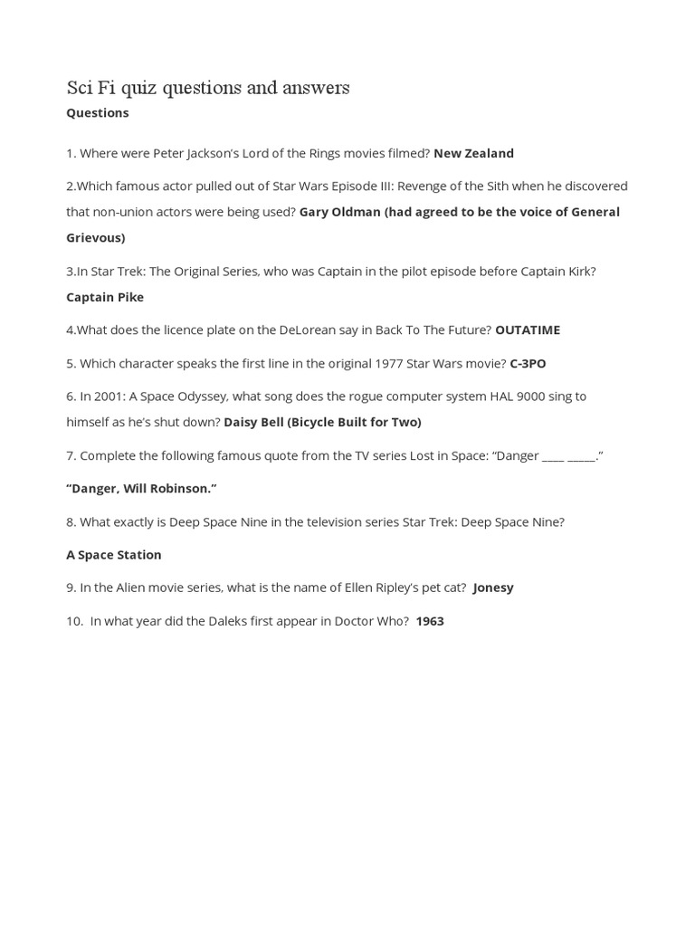 Sci Fi Quiz Questions and Answers | PDF