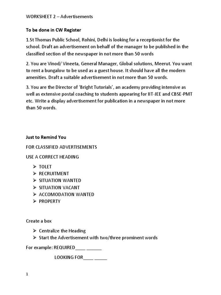Advertisement Writing Worksheet | PDF