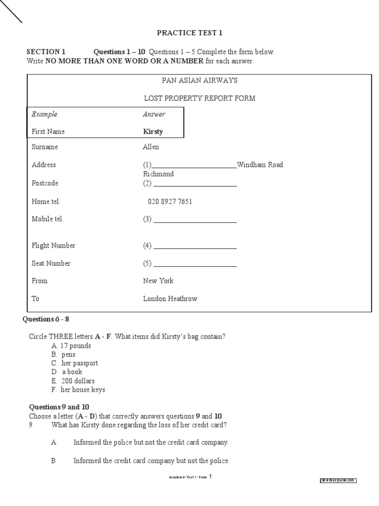 Example Answer: Practice Test 1 Section 1 Questions 1 - 10 Questions 1 ...