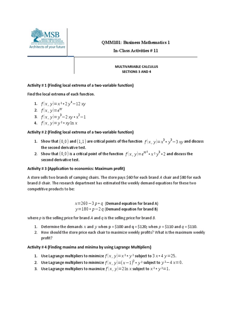 Chapter5 In-Class Activities #11 | PDF | Maxima And Minima | Calculus