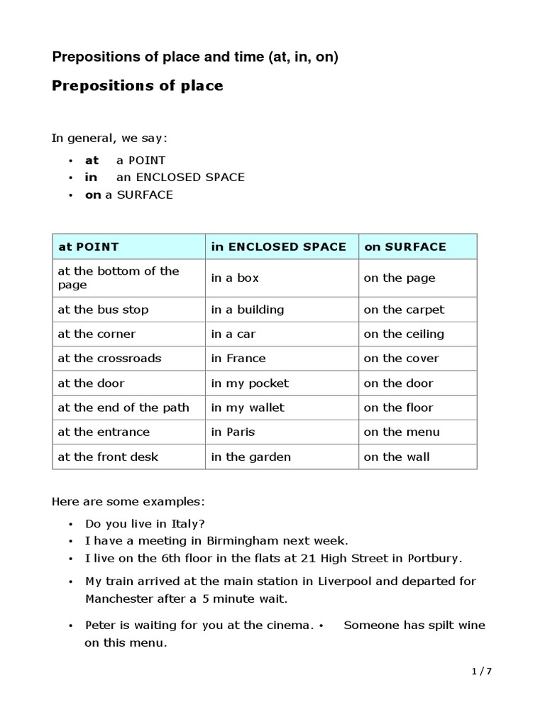 Prepositions of Place and Time Explained | PDF