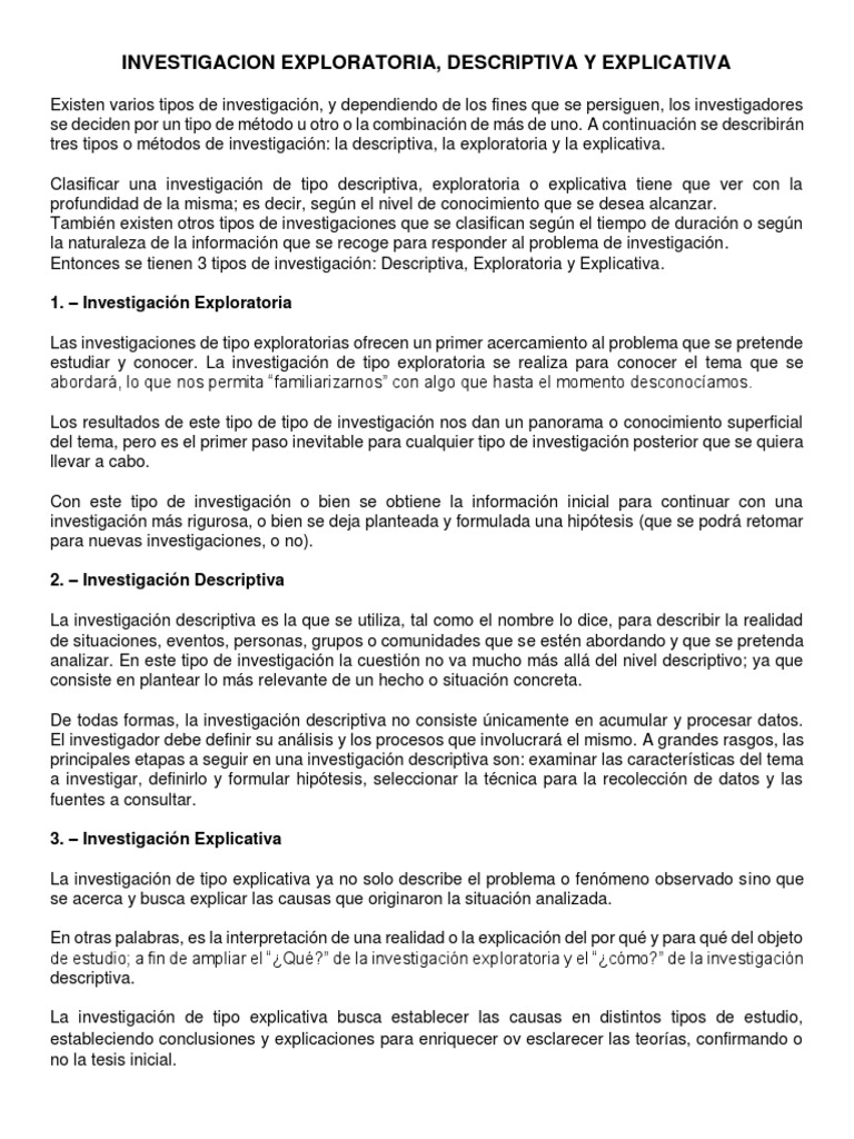 Tipos de Investigación: Exploratoria, Descriptiva y Explicativa | PDF ...