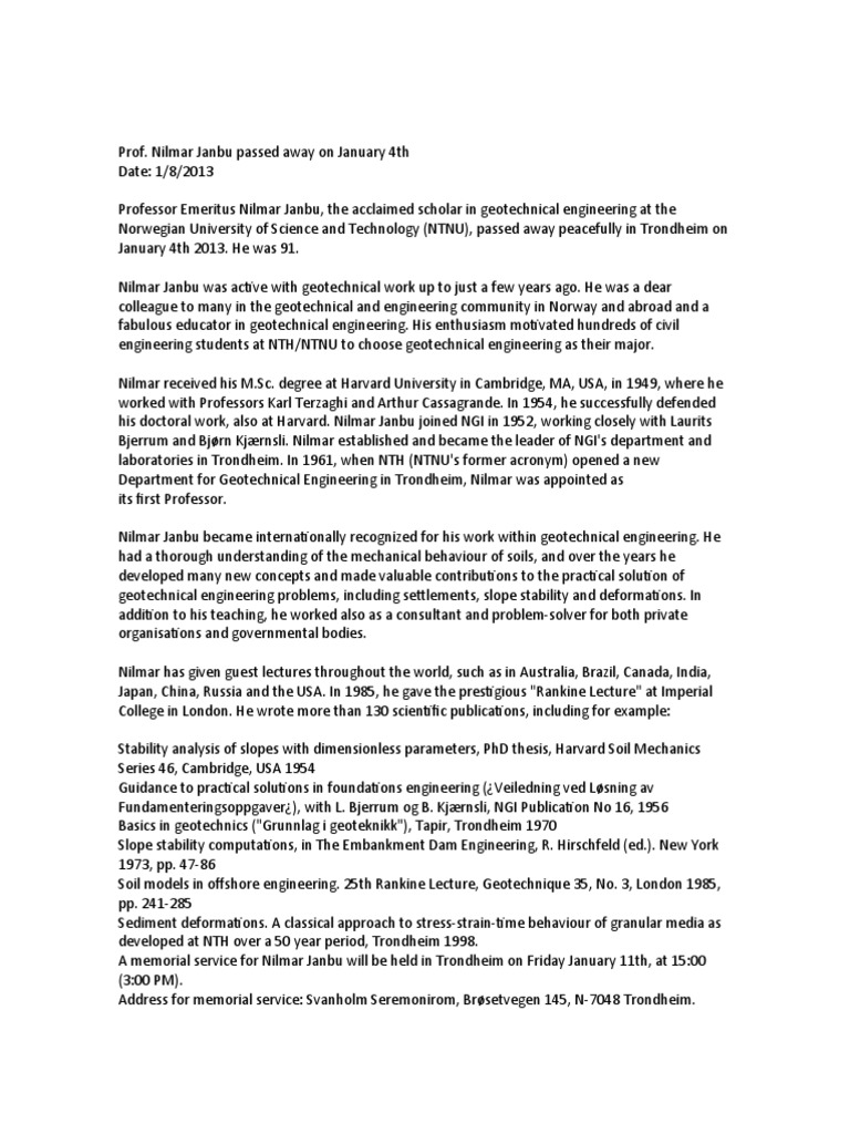 Prof Nilmar Janbu | PDF | Geotechnical Engineering | Engineering