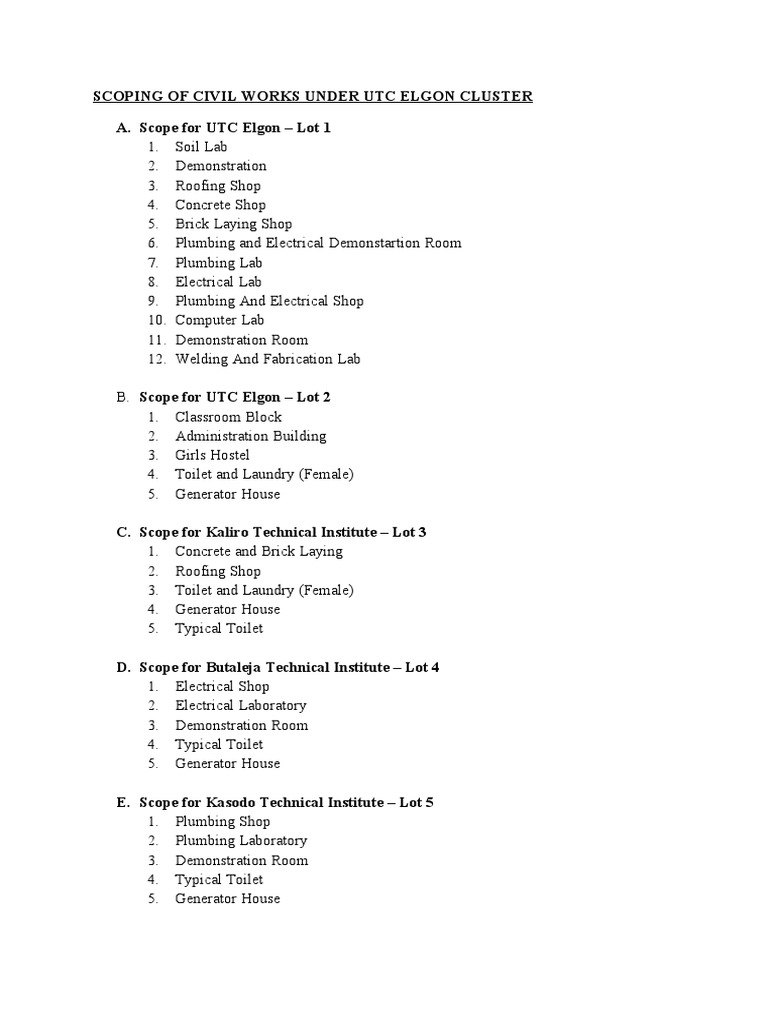 Scoping of Civil Works Under Utc Elgon Cluster A. Scope For UTC Elgon ...