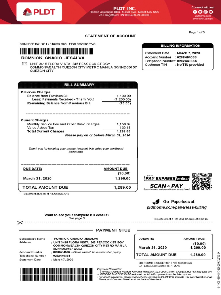 PLDT Bill | PDF | Cheque | Value Added Tax