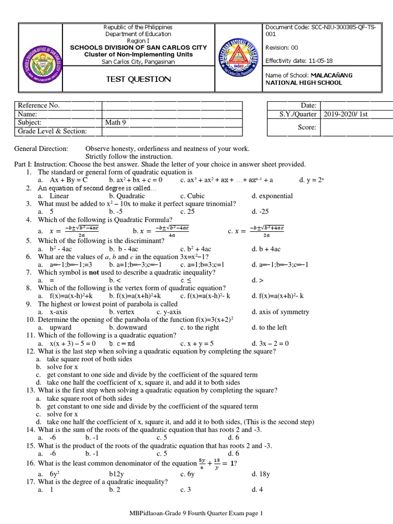 Iso Form g9 Math TQ | PDF | Quadratic Equation | Mathematical Relations