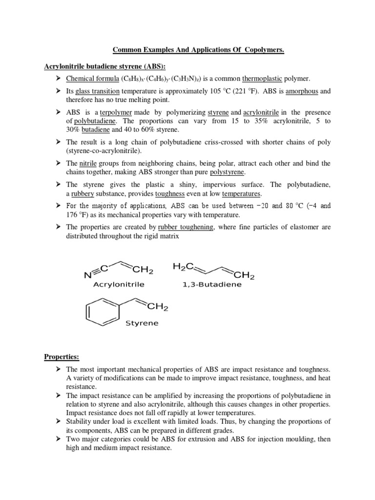 Common Examples and Applications of Copolymers. Acrylonitrile Butadiene ...