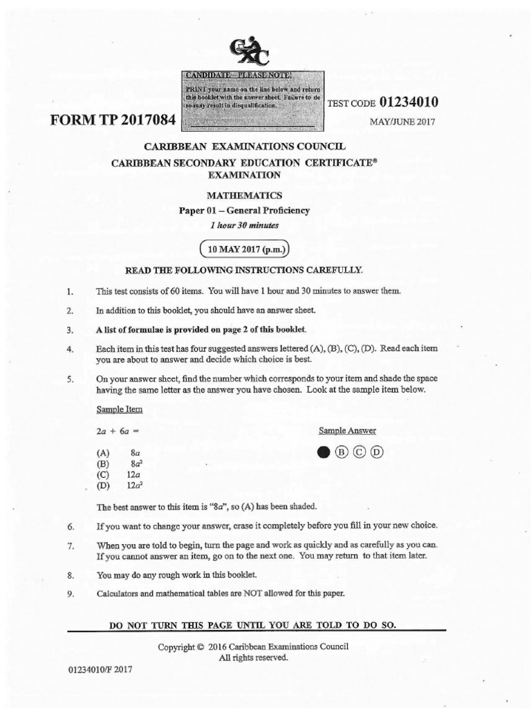 CSEC June 2017 Mathematics P1 | PDF