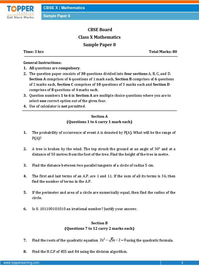 CBSE Board Class X Mathematics Sample Paper 8 | PDF | Circle | Area