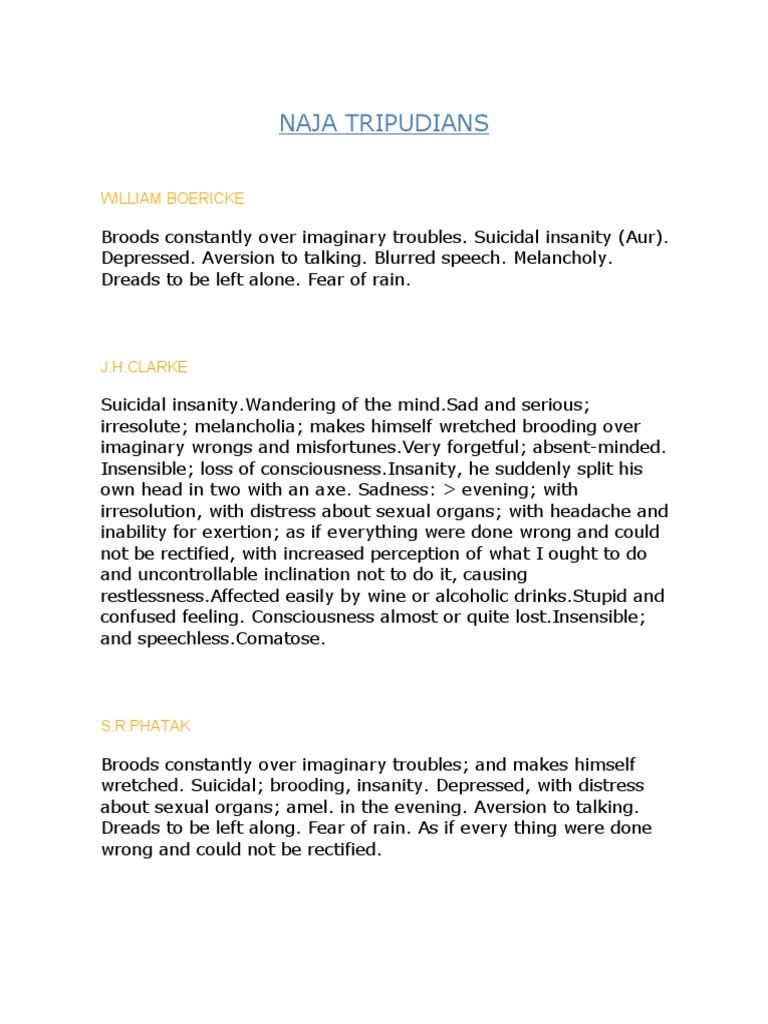 Lachesis and Naja Homeoapthic Remedy | PDF | Symptom | Depression (Mood)