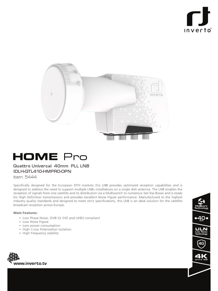 Home Pro: Quattro Universal 40mm PLL LNB Idlh-Qtl410-Hmpro-Opn | PDF | Telecommunications ...